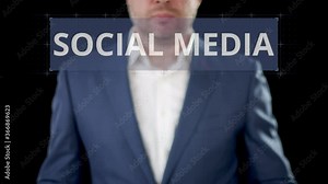 WEBSITE, ADVERTISING and SOCIAL MEDIA options selected by a businessman on the computer screen