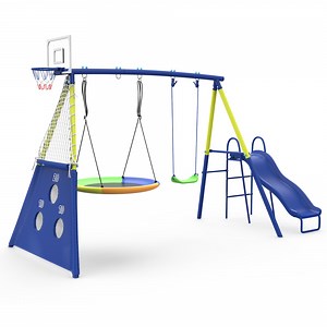 Swing Sets for Backyard with Kids Slide Outdoor Heavy-Duty Metal Playset for Kids 450lbs 5 in 1 Swing Set with Slide, Saucer Seat, Belt Seat, Soccer Goals and Basketball Hoop