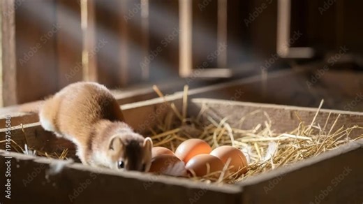 Weasel looking at nest box with eggs. Wildlife pest control in farm building. Problem with invasive animal eating hen eggs.