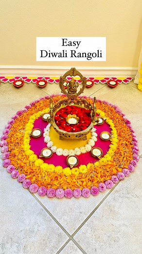 Bini on Instagram: "Easy Diwali Rangoli I love making rangolis combining both flower and rangoli powder. The seasonal flowers like Marigold and Chrysanthemums are just perfect for making Rangolis. . . . . . . #diwalidecor #diwalidecorations #festivevibes #festivedecor #rangoli #indianhomedecor #indianfestival #tihar #urli #festivaloflights #floralrangoli"