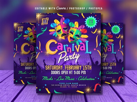 Editable Carnival Party Flyer Template: Social Media Design, DIY Club Event Invite (canva & Photoshop) - Etsy