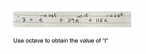 Solve the following equation for 't' using Octave:3 = e^(-0.... | Filo