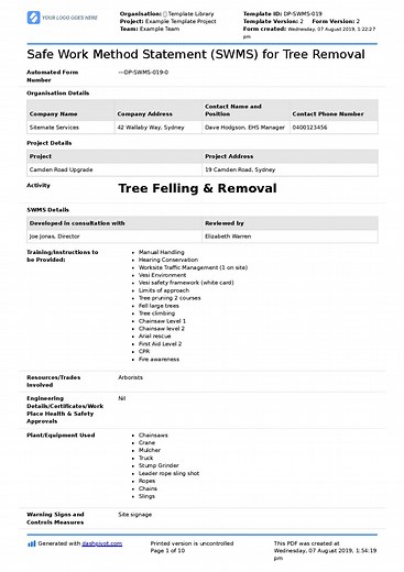 Tree Felling and Tree Removal Safe Work Method Statement (SWMS)