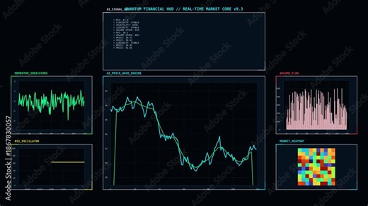 AI Powered Quantum Financial Dashboard Showing Real Time Market Core, Price Wave Engine, Momentum Indicators, RSI Oscillator, Volume Flow and Market Heatmap