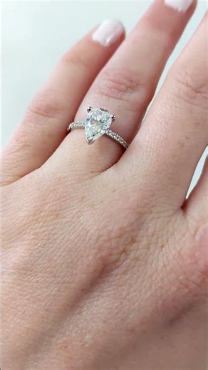18K White Gold Pear Cut Moissanite Engagement Ring, Dainty White Diamond Pavé Band