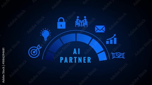A digital infographic meter representing business partnership including a lightbulb idea a target for goals a padlock for security two people at a table for meetings an envelope for communication a