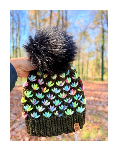 Hand Knit Merino Wool Beanie: Olive Green and Yellow Lotus Flower Hat With Pom - Etsy
