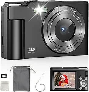 Digital Camera for Kids, FHD 1080P Point and Shoot Children's Camera with 16X Digital Zoom, Anti-Shake, Flash, 32GB Card, Portable Compact Travel Camera for Boys, Girls (Black)