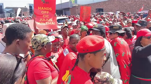 EFF members sing and dance outside the East London Magistrate's Court in support of party leader Julius Malema. Video: AMKELWA LUTHULI | Daily Dispatch