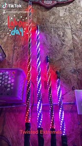 Twisted Extreme LABOR DAY SALE Kit includes: -Quick disconnect mounts - Y-Splitter (6’) - Waterproof control box - Handheld remote -All waterproof wiring You’ll get about 300 different patterns and color combinations to choose from. Save 16 of your favorite patterns on your handheld remote for easy access. Price is for pairs (2 whips 1 control box) 2’ $150 3’ $175 4’ $200 FREE AND FAST SHIPPING !! Www.millarlightbars.com/t/labor | Millar Light Bars - FX Whips