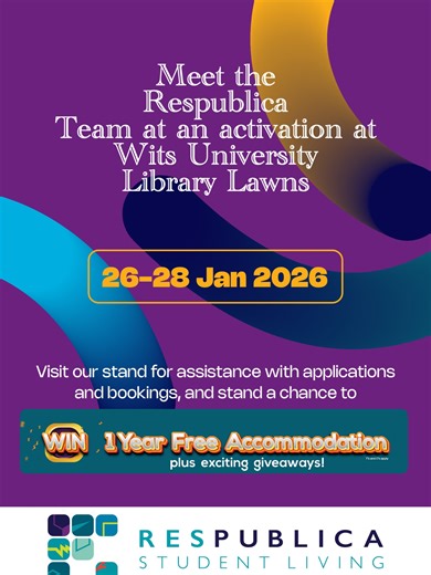 Respublica Student Living on Instagram: "Catch the Respublica Team at the Wits University Library Lawns from 26–28 Jan 2026 💜 Swing by our stand for help with applications and bookings, grab some cool giveaways, and stand a chance to WIN 1 year of free accommodation 🏡✨ Good vibes, helpful advice, and prizes you don’t want to miss — see you there! 😄🎓"