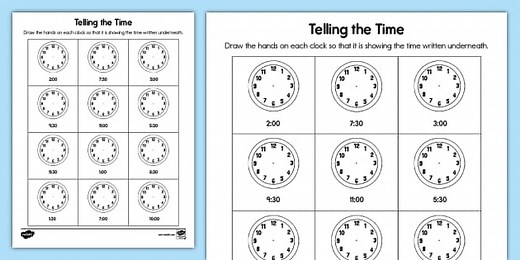 Time to the Hour and Half Hour Worksheet for K-2nd Grade