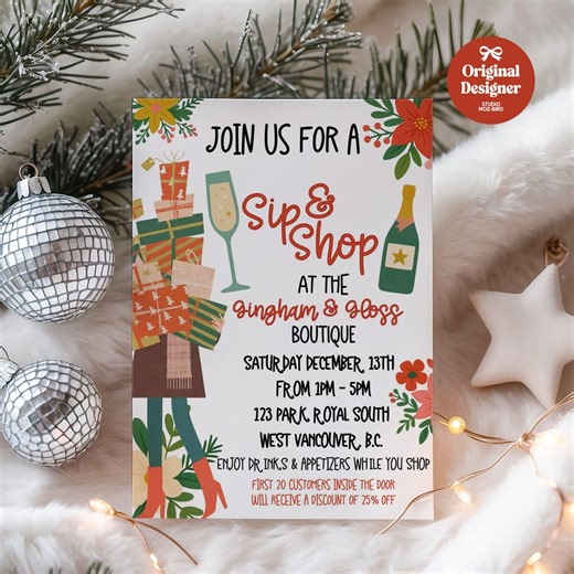 Editable Sip and Shop Holiday Invitation Template, Christmas Open House Flyer, DIY Printable Shop and Sip Party Invite for Small Business - Etsy