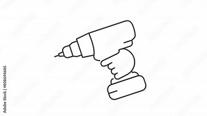 Animated drill icon. Drilling machine line animation. Construction professional tool. Electrical tool. Black illustration on white background. HD video with alpha channel. Motion graphic