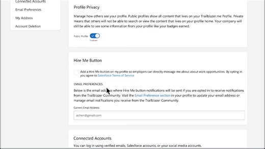 📣 Hire Me Button is LIVE! Enable it now on your Trailblazer.me Profile to show employers and fellow Trailblazers you're available for work. ✅ 💡Discover and connect to more opportunities than ever. Learn more: https://sforce.co/HireMe1?utm_source=facebook&utm_medium=organic_social&utm_campaign=amer_trl&utm_content=AMER,Community,English,Sara H,Trailblazer Community,Trailhead,Video | Salesforce Trailhead