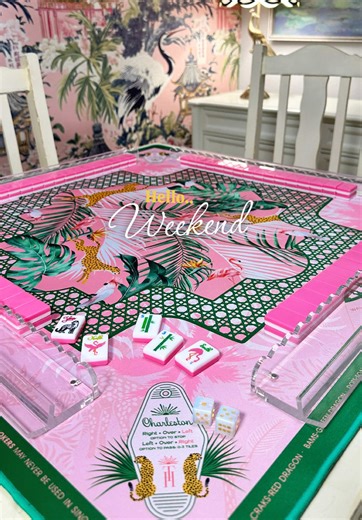 New Mahj Tile Haus Mahjong Mat and mahjong tile combo! So many mahjong tile and rack combinations with this fun mat! Vacay vibes! #mahjongtiles #ohmymahjong #mahjongtable #mahjong #chinoiserie