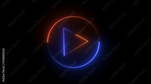 Neon glowing Play button animation on black background. Play button icon neon animation. Music play button icon animation.