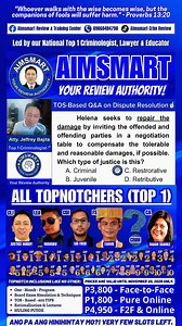 WHICH TYPE OF JUSTICE IS THIS? ⚖️ Iba ang AIMSMART, buddy. Napaka SOLID ng mga lecturers nila. Hindi ka lalabas ng apat na sulok ng kanilang review center na hindi ka natututo. Pati experiences ng mga lecturers mababaon mo paglabas para maging guide mo sa laban." - Kai Join our 𝗦𝗨𝗣𝗘𝗥 𝗗𝗜𝗦𝗖𝗢𝗨𝗡𝗧𝗘𝗗 𝗙𝗜𝗡𝗔𝗟 𝗖𝗢𝗔𝗖𝗛𝗜𝗡𝗚 with the following power inclusions: • One - Month - Program; • BEST (Board Exam Simulation & Testing);✍️ • TOS - Based - 600 TIPS;🤫 • Crystal - Clear Rationali
