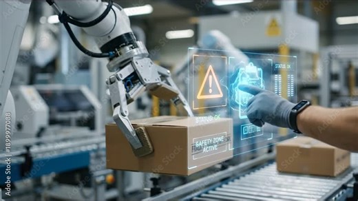 Intelligent automation process enhances factory efficiency with robotic arm handling packages on conveyor, digital interface ensuring quality and safety in packaging automation system