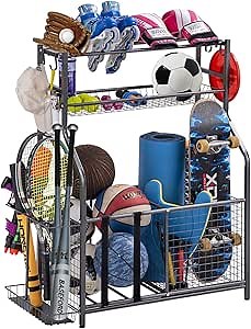 Amazon.com: Garage Sports Equipment Storage Organizer with Baskets and Hooks - Easy to Assemble - Sports Ball Gear Rack Holds Basketballs, Baseball Bats, Footballs, Tennis Rackets and More (Black Rigid) : Sports & Outdoors