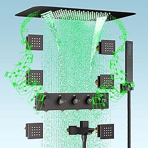 Full Body Shower System with Body Jets,Smart Thermostatic rainfall Shower System with Handheld,23 Inch Luxury LED Rain Ceiling Mount Shower Faucet Set (Matte Black 23 Inch shower system)