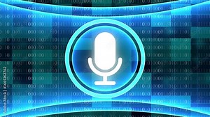 Futuristic Blue Binary Code Background with Glowing Microphone Icon audio sound