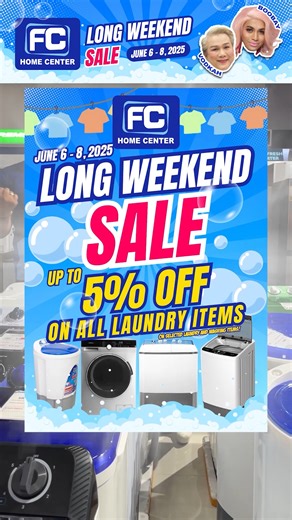 5% OFF sa lahat ng Washing Machine at Laundry Items sa LAHAT ng FC Home Center branches! 🧼🧺 Ngayong June 6–8 long weekend, may special discount kami sa ALL BRANDS ng washing machines, spin dryers, at iba pang laundry must-haves! Tamang-tama dahil maulan na ang panahon—mas hassle-free at tipid ang laba sa bahay kapag may reliable kang washing machine. Kaya bili na bago pa lumakas lalo ang ulan! 📍 Available in-store sa lahat ng FC Home Center branches! #LaundryDay #WashingMachineSale #LaundryEs