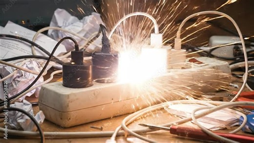 Power surge sparks overloaded extension cord and power strip causing hazard damage and electrical risk cluttered home technology setup urgent safety