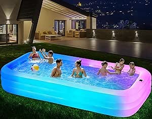 Inflatable Swimming Pool with Light, 145'' X 74'' X 22'' Solar Family Inflatable Pool for Kids, Adults, Family, Large Kiddie Pool, 7 Color Large Blow Up Pool for Backyard