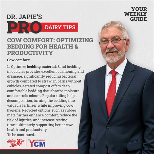 𝗖𝗼𝘄 𝗖𝗼𝗺𝗳𝗼𝗿𝘁: 𝗢𝗽𝘁𝗶𝗺𝗶𝘇𝗶𝗻𝗴 𝗕𝗲𝗱𝗱𝗶𝗻𝗴 𝗳𝗼𝗿 𝗛𝗲𝗮𝗹𝘁𝗵 & 𝗣𝗿𝗼𝗱𝘂𝗰𝘁𝗶𝘃𝗶𝘁𝘆 𝗗𝗿. 𝗝𝗮𝗽𝗶𝗲’𝘀 𝗣𝗿𝗼 𝗗𝗮𝗶𝗿𝘆 𝗧𝗶𝗽𝘀 - Your Weekly Guide Cow comfort 1. Optimize bedding material: Sand bedding in cubicles provides excellent cushioning and drainage, significantly reducing bacterial growth compared to straw. In barns without cubicles, aerated compost offers deep, comfortable bedding that absorbs moisture and controls odours. Regular tilling helps decomposition, t