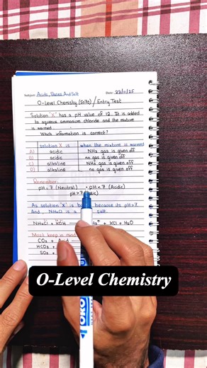 61 shares | Understanding acids, bases, and salts just got easier! ⚗️✨ Acids donate H⁺, bases accept H⁺, and salts form when the two neutralize each other. In this short, watch a quick demo of the reaction of Ammonium Chloride with a base: NH₄Cl + NaOH → NH₃ (gas) + H₂O + NaCl The sharp smell of ammonia confirms ammonium ions!  Perfect for Matric, O Level & F.Sc Chemistry revision.  #students #studyabroad #fypシ #reel #foryou | HamZa SaMi | Facebook