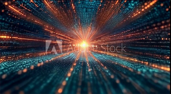 Image of a digital particle acceleration tunnel with blue and orange particles creating a sense of speed and motion.
