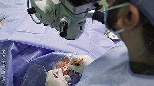 Phacoemulsification, destruction of the opaque lens by ultrasound, ophthalmic eye surgery. eye lens replacement, intraocular lens installation, surgical cataract treatment.