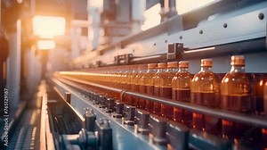 A line of bottles filled with liquid moving on a conveyor belt in a systematic assembly line process, Process of beverage manufacturing on a conveyor belt at a factory, AI Generated