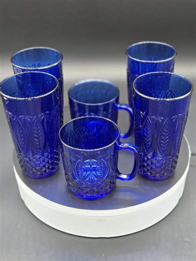 Vintage Cobalt Blue Pressed Glass Drinkware Set - Etsy
