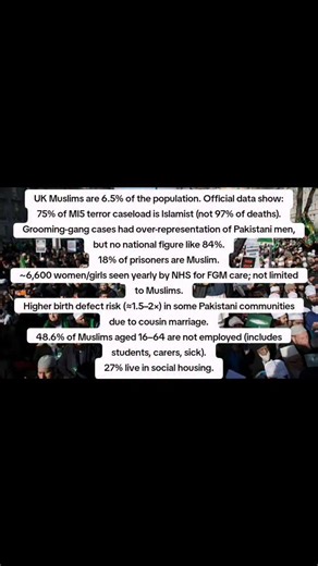 UK Muslims are 6.5% of the population. Official data show: 75% of MI5 terror caseload is Islamist (not 97% of deaths). Grooming-gang cases had over-representation of Pakistani men, but no national figure like 84%. 18% of prisoners are Muslim. ~6,600 women/girls seen yearly by NHS for FGM care; not limited to Muslims. Higher birth defect risk (≈1.5–2×) in some Pakistani communities due to cousin marriage. 48.6% of Muslims aged 16–64 are not employed (includes students, carers, sick). 27% live in 