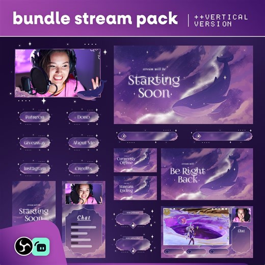 Animated Celestial Whale Stream Overlay: Soft Purple Aesthetic With Floating Whale Design for Twitch and Obs/streamlabs - Etsy