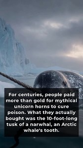 For centuries people paid fortunes for unicorn horns that were actually long narwhal teeth. In medieval Europe these tusks were valued more than gold and ground into powder believed to cure disease and counteract poison. The narwhal's name comes from Old Norse meaning corpse whale because of its mottled skin. The tusk is an elongated canine tooth, sometimes growing to 10 feet, and is filled with millions of nerve endings that sense changes in the water. Inuit legends tell of a woman transformed 