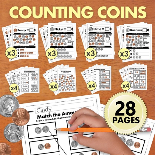 Kids Money Learning Activity, 28 Pages of US Coins, Kindergarten Math Money Value Worksheet, Homeschool Worksheet, Early Education, PDF - Etsy