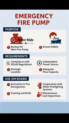 Ocean_innovator on Instagram: "Chief GRey's Safety Tips: ⚠️EMERGENCY FIRE PUMP 🔥 SOLAS Requirements for Emergency Fire Pump Reference: SOLAS Chapter II-2 – Regulation 10 (Fire Fighting), and the Fire Safety Systems (FSS) Code, Chapter 12. ⚙️ 1. Purpose The emergency fire pump provides water for fire-fighting when the main fire pump or main power source fails (e.g., due to flooding or power loss in the engine room). 🚢 2. Location It must be located outside the machinery space containing the mai