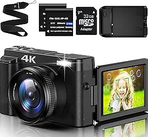 4K Digital Camera for Photography with 3'' 180°Flip Screen, Autofocus 48MP Vlogging Camera for YouTube Compact Camera with 16X Digital Zoom 32GB SD Card, 2 Batteries and Charging Stand for Travel