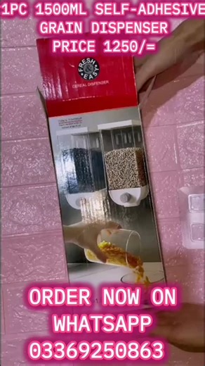 This grain dispenser keeps rice fresh and easy to pour. A smart solution to organize your kitchen neatly. Perfect for storing rice, wheat, or pulses safely. The wall-mounted design saves counter space. Easy to install without drilling or tools. Ideal for small kitchens and apartments. One-click dispensing makes daily use simple. Keeps your pantry clean and clutter-free. Made from durable and food-safe material. Transparent body lets you check quantity easily. Helps avoid spills while pouring gra