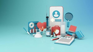 health insurance form surrounded by shields Heart shapes and rates and umbrellas and pills. first aid box on pastel blue and pink background 3d render animation looped