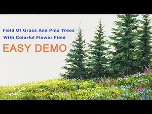DEMO : Paint Pine Trees with Colorful Flower Field in Acrylic