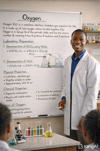 OXYGEN Introduction Oxygen is a chemical element with the symbol O and atomic number 8. It is found in Group 16 (the chalcogens) of the periodic table and Period 2. Each oxygen atom has 8 protons, 8 electrons, and about 8 neutrons. In nature, oxygen exists mainly as a diatomic molecule (O₂), meaning two oxygen atoms are chemically bonded together. Oxygen is very important because it supports respiration and combustion, and it makes up about 21% of the Earth’s atmosphere. ⸻ Definition of Oxygen O