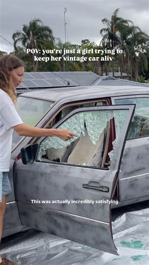 Amy John Roberts on Instagram: "Lawn mower - 1 Merc - 0 Installing a new window by myself this weekend ☠️ pray for me #cargirl #mercedes #vintagecar #brokenwindow #broken"