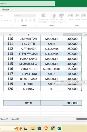 SUBTOTAL FUNCTION #youtube #india #new #shortvideo #viralshort #shortsfeed #trending #short #excel