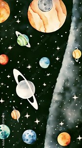 Kids drawing universe space rocket Stars and planets. pulsing in space cartoon animation hand drawn, dynamic, cartoon on cosmic background. Animation water oil effect. Little pilot in space galaxy
