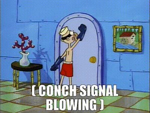 ( conch signal blowing )