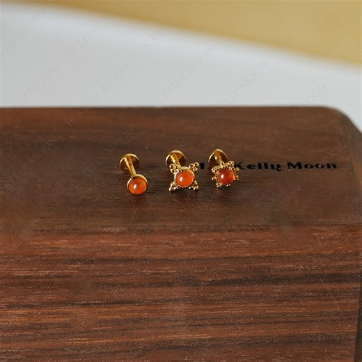 Orange Carnelian Threadless Earrings-925 Sterling Silver Push Pin-14k Gold Vermeil-16g 18G 20G Threadless Flat Back Stud-conch Helix Tragus - Etsy